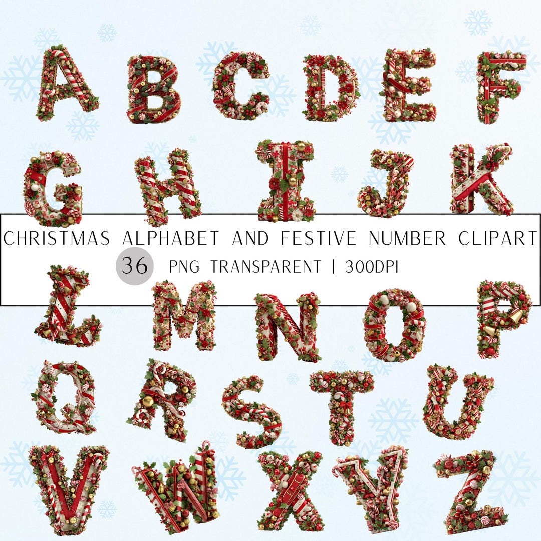Christmas Alphabet Clipart Set | Watercolor Festive Letters A–Z PNG ...
