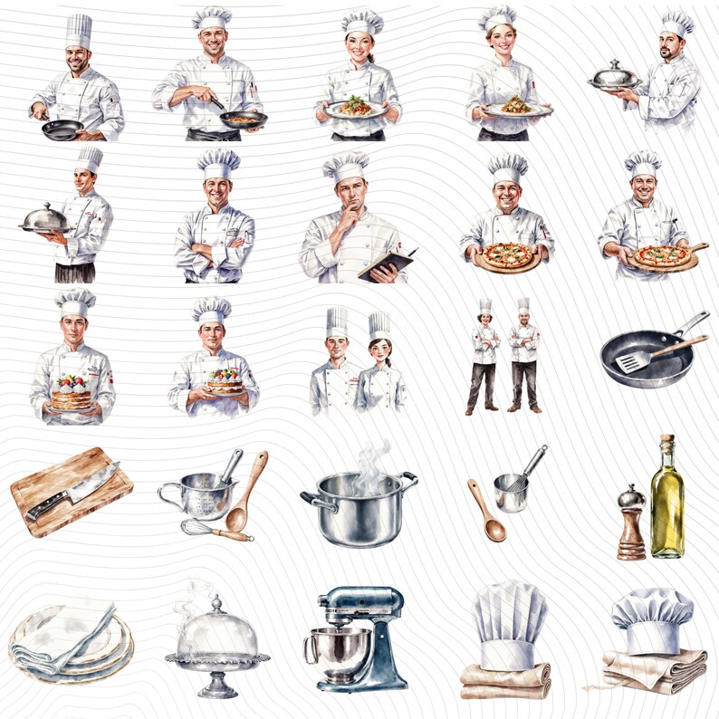 39 Realistic Professional Chef Watercolor Clipart Set | PNG Transparent ...