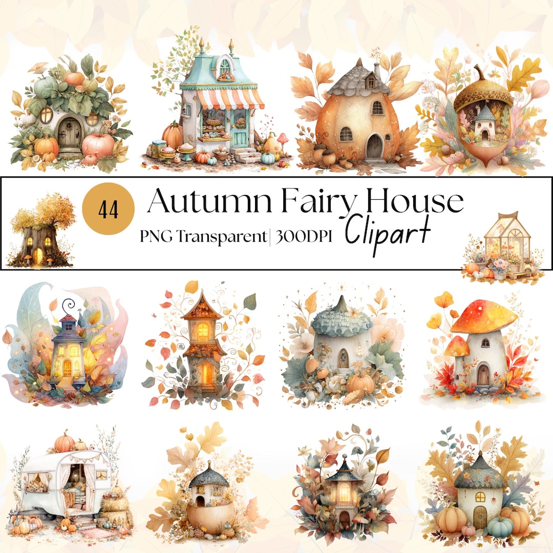 44 Autumn Fairy House Watercolor Clipart: Whimsical Fall Illustrations ...