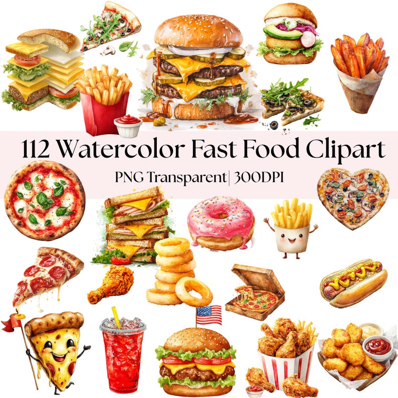 112 Watercolor Fast Food Clipart Bundle: Burger, Fries, Pizza ...
