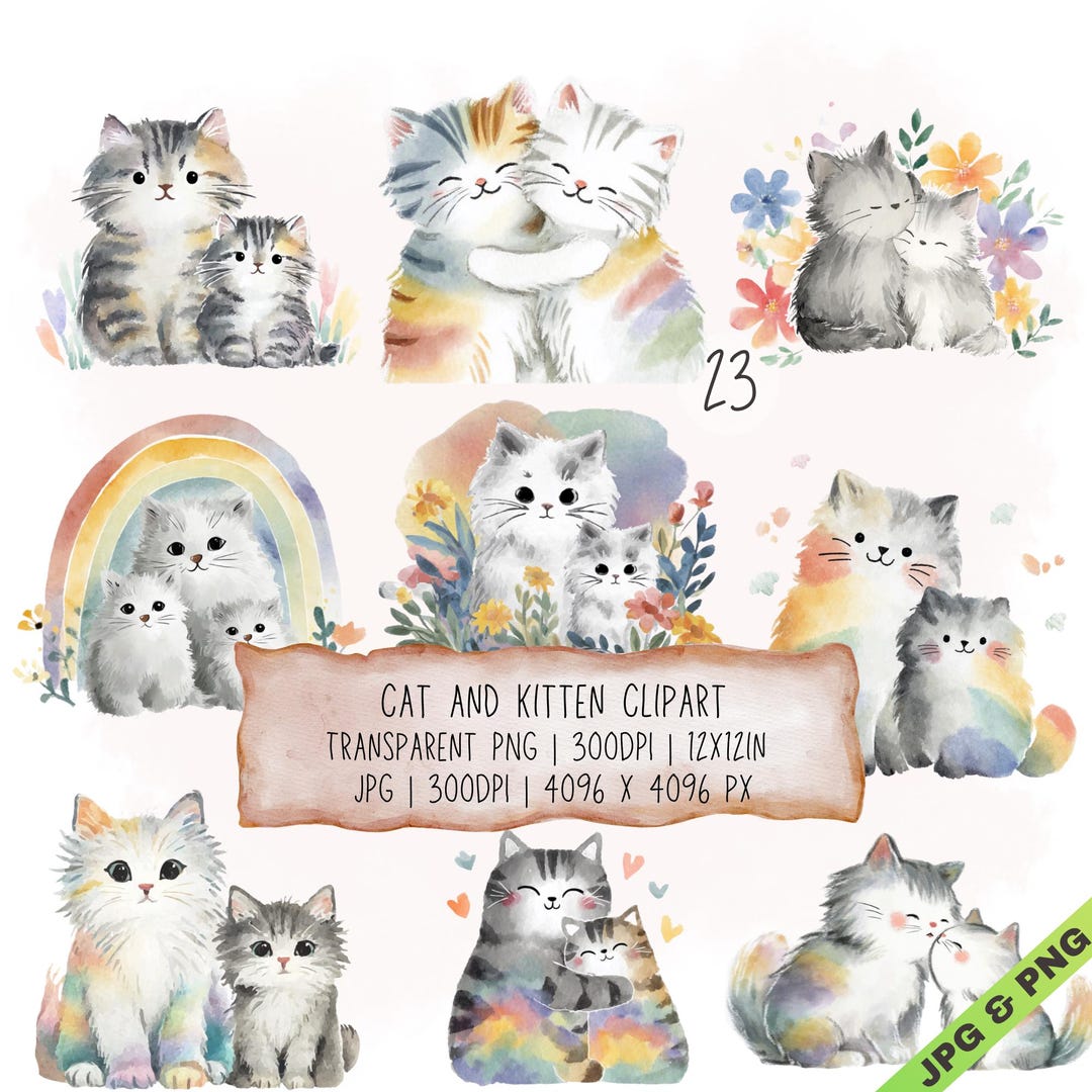 23 Cat and Kitten Clipart Bundle, Family Collection JPG and PNG ...