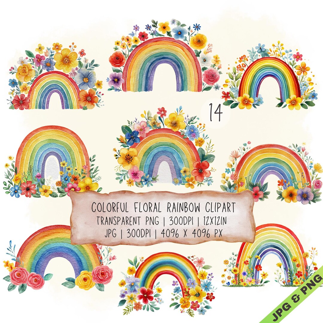 14 Rainbow Floral Clipart Bundle, Watercolor Flowers, JPG and PNG ...