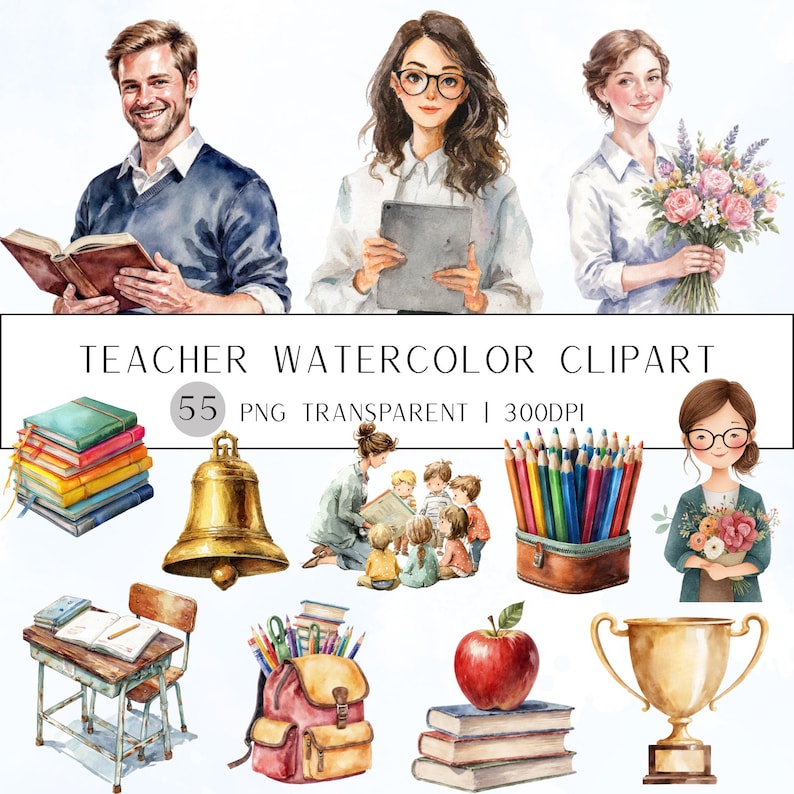 55 Teacher Watercolor Clipart |PNG Set, Transparent Background - Etsy ...