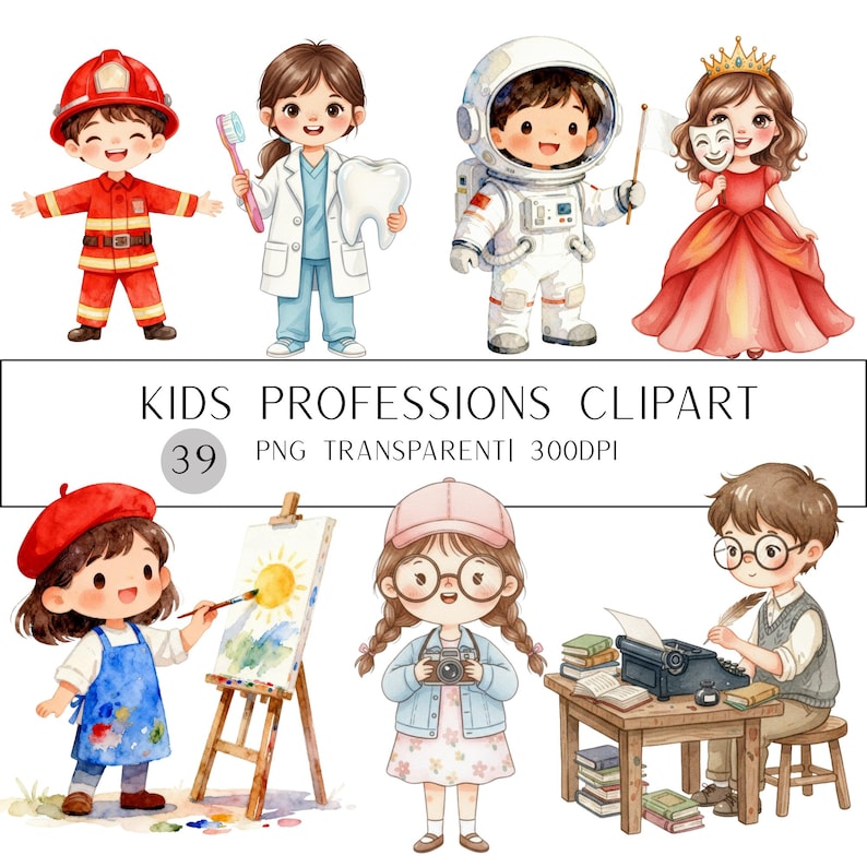39 Kids Professions Clipart Bundle: Watercolor Career Illustrations ...