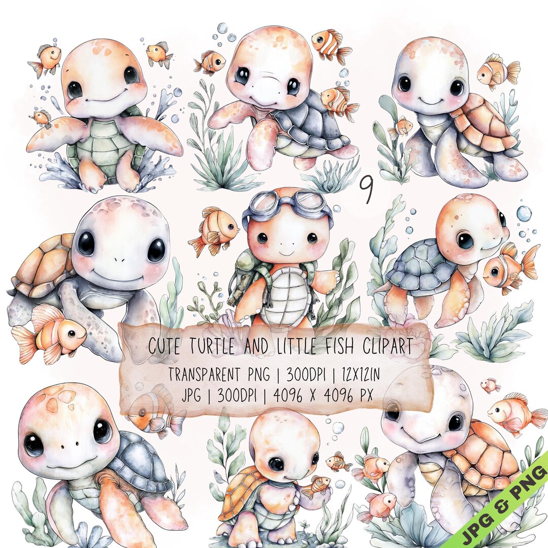 9 Turtle and Little Fish Clipart, Ocean Friends JPG and PNG Transparent ...