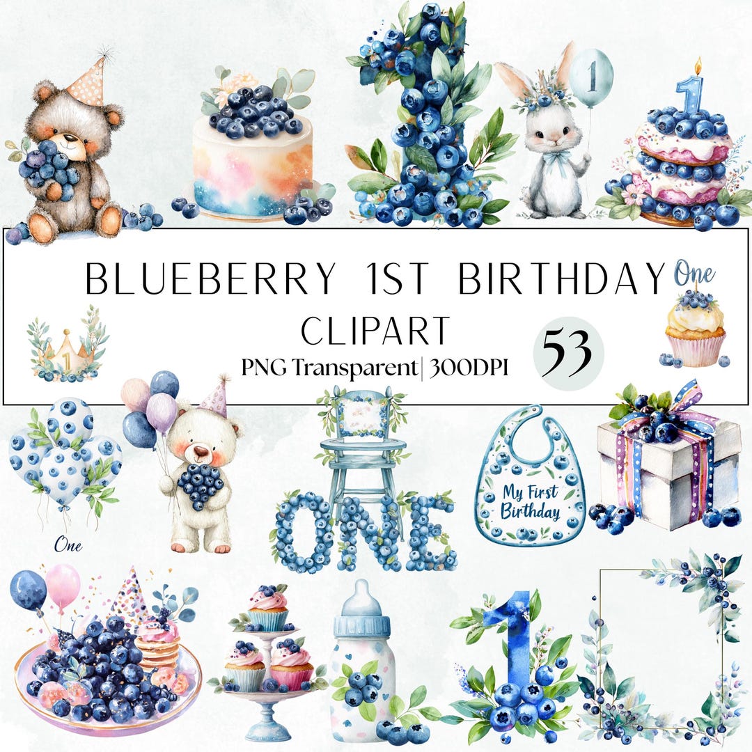 53 Blueberry 1st Birthday Clipart Bundle: Watercolor Cake, Bunny ...