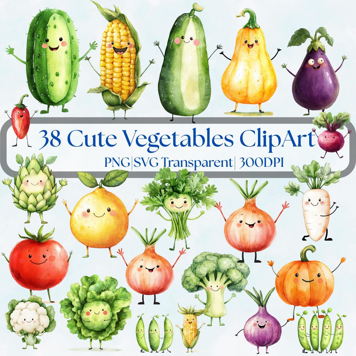 38 Watercolor Vegetable Clipart: Smiling Garden Veggies (transparent ...