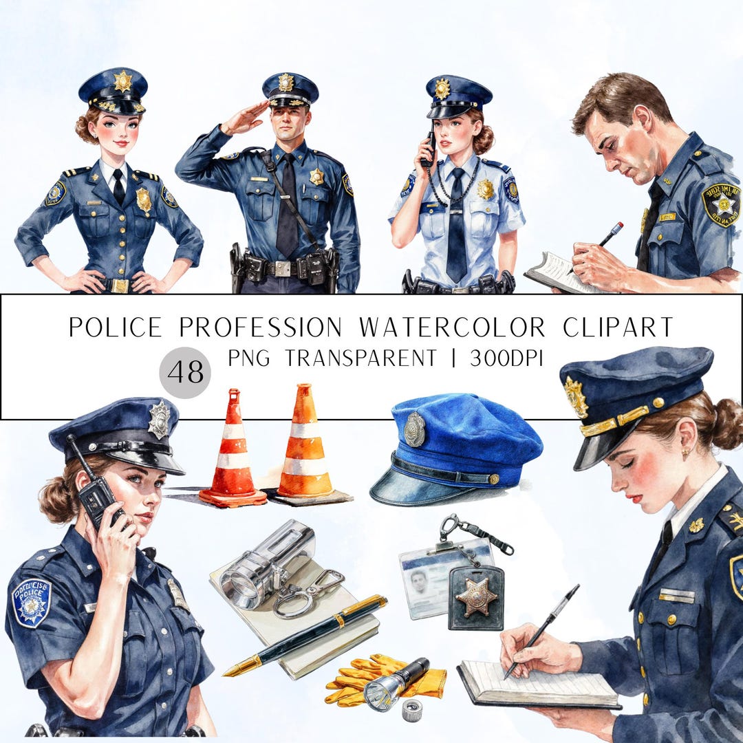 48 Watercolor Police Clipart Set: Officer, Patrol Car, K9 (PNG ...