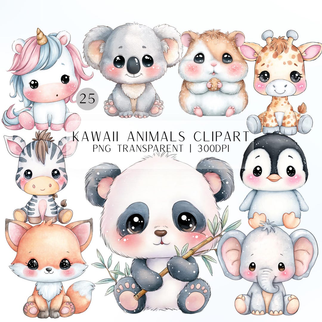 25 Kawaii Animals Clipart, Baby Animal Watercolor Nursery PNG ...