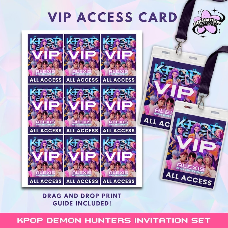 Kpop Demon Hunters VIP Access Card, Editable ID Badge Canva Template, Kpop Birthday Party Favor ...