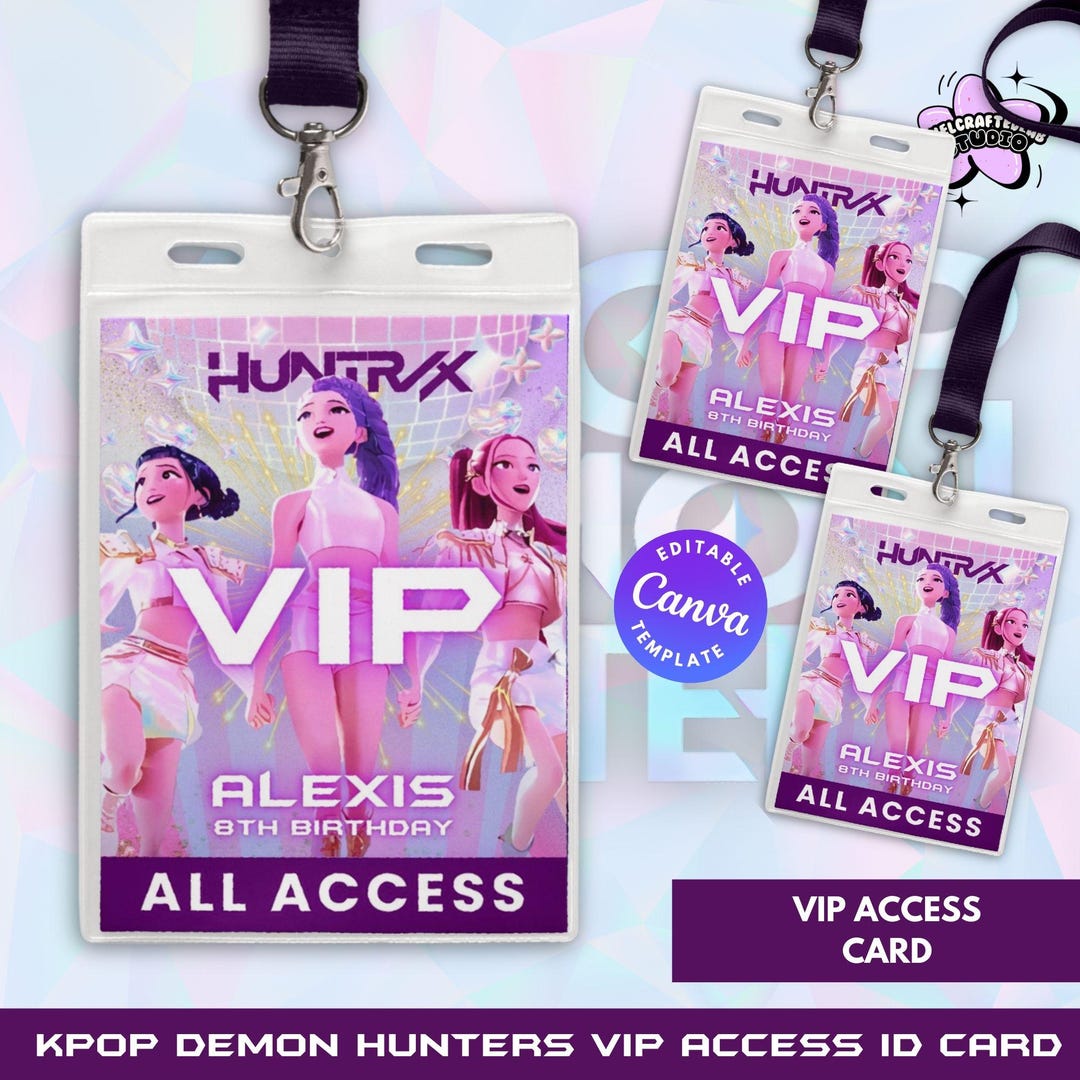 Kpop Demon Hunters VIP Access Card, Editable ID Canva Template, Kpop Birthday Party Favor, VIP ...