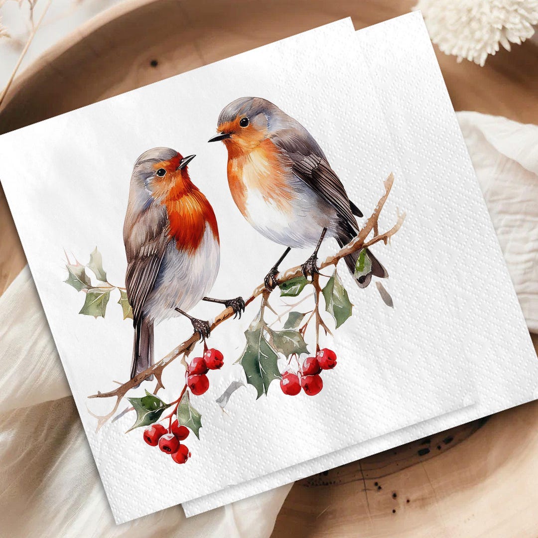 Christmas Robin Napkins, Winter Bird Party Decor, Holiday Table Napkins ...