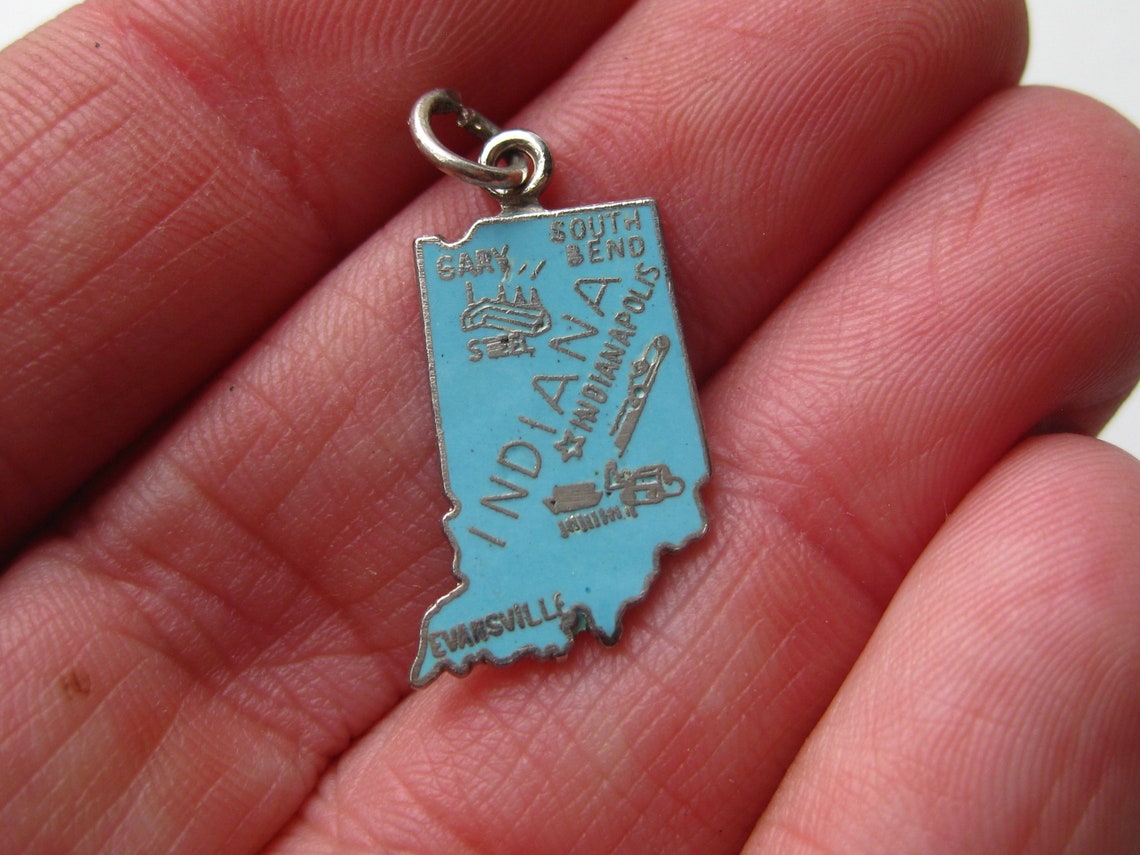 Vintage 50s Sterling Silver Blue Enamel Indiana State Souvenir Map ...