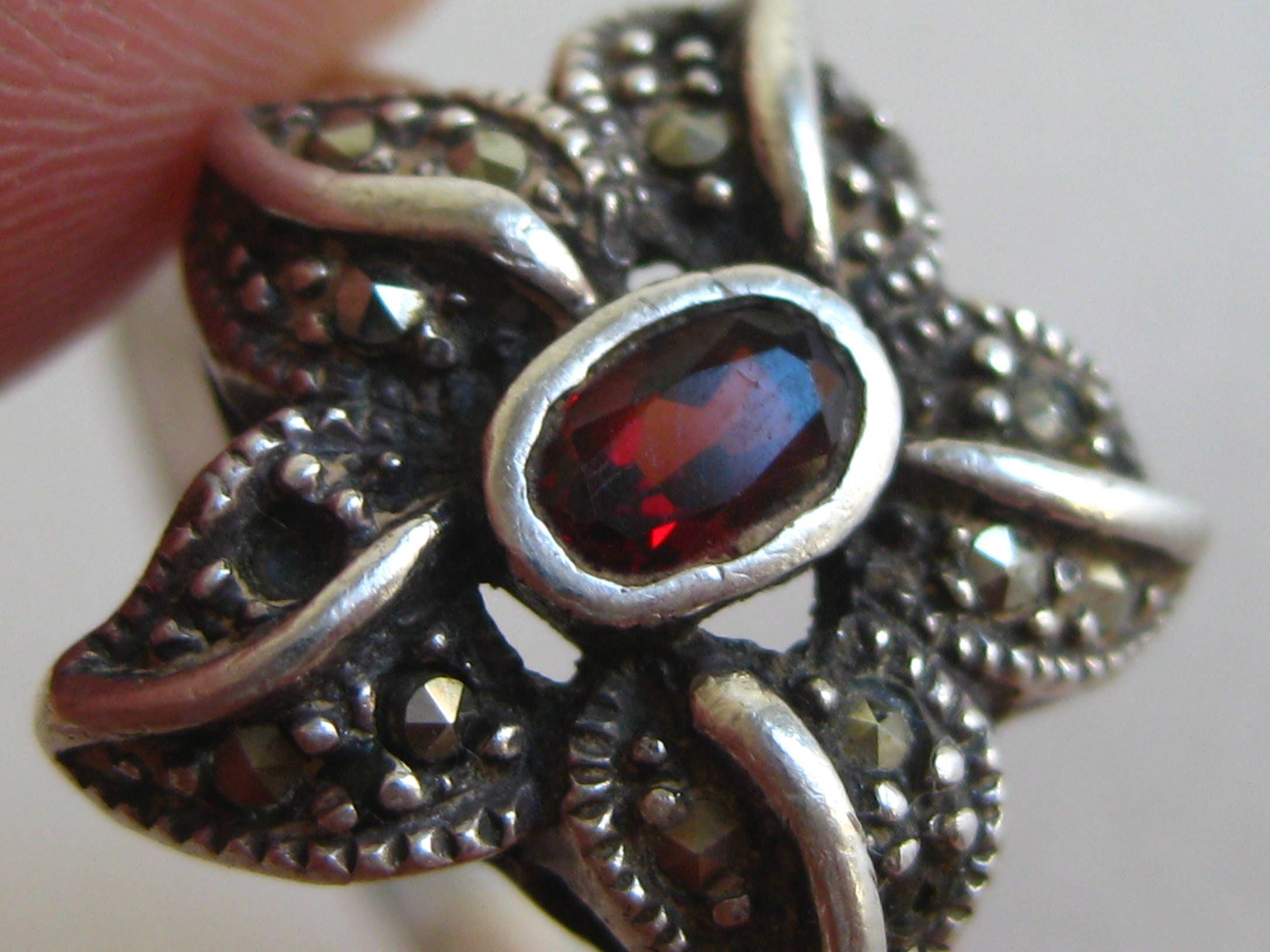 Vintage Ring Art Deco Sterling Silver Garnet Jeweled Marcasite Cocktail ...