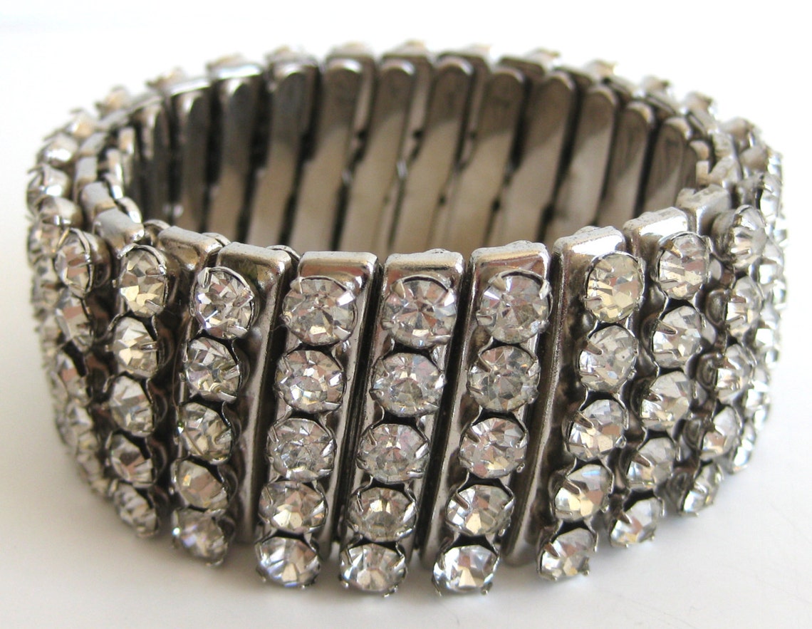 Vintage 50s 60s Silver & Rhinestone Mad Men Glamour Girl Wide Stretch ...