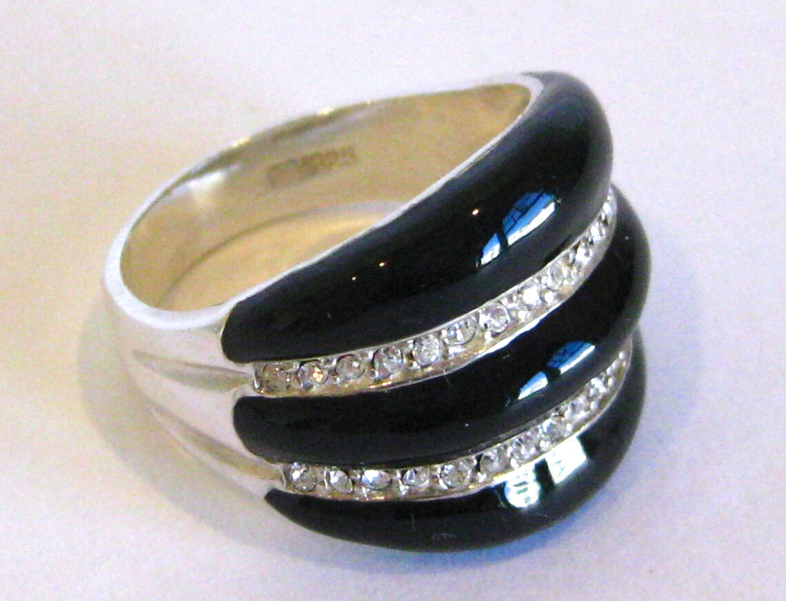 Vintage Ring Art Deco Sterling Silver Enamel & Faux Diamond - Etsy