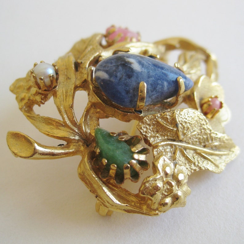 Vintage 60s Designer Gold Jeweled Leaf Floral Brooch Pin - Etsy