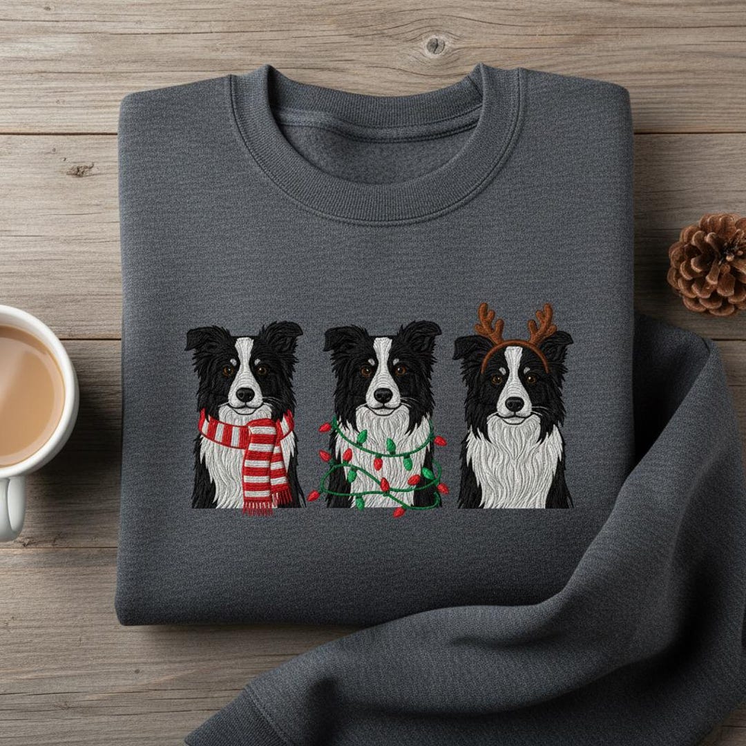 Embroidered Border Collie Christmas Faces Sweatshirt, Trio Dog Holiday ...