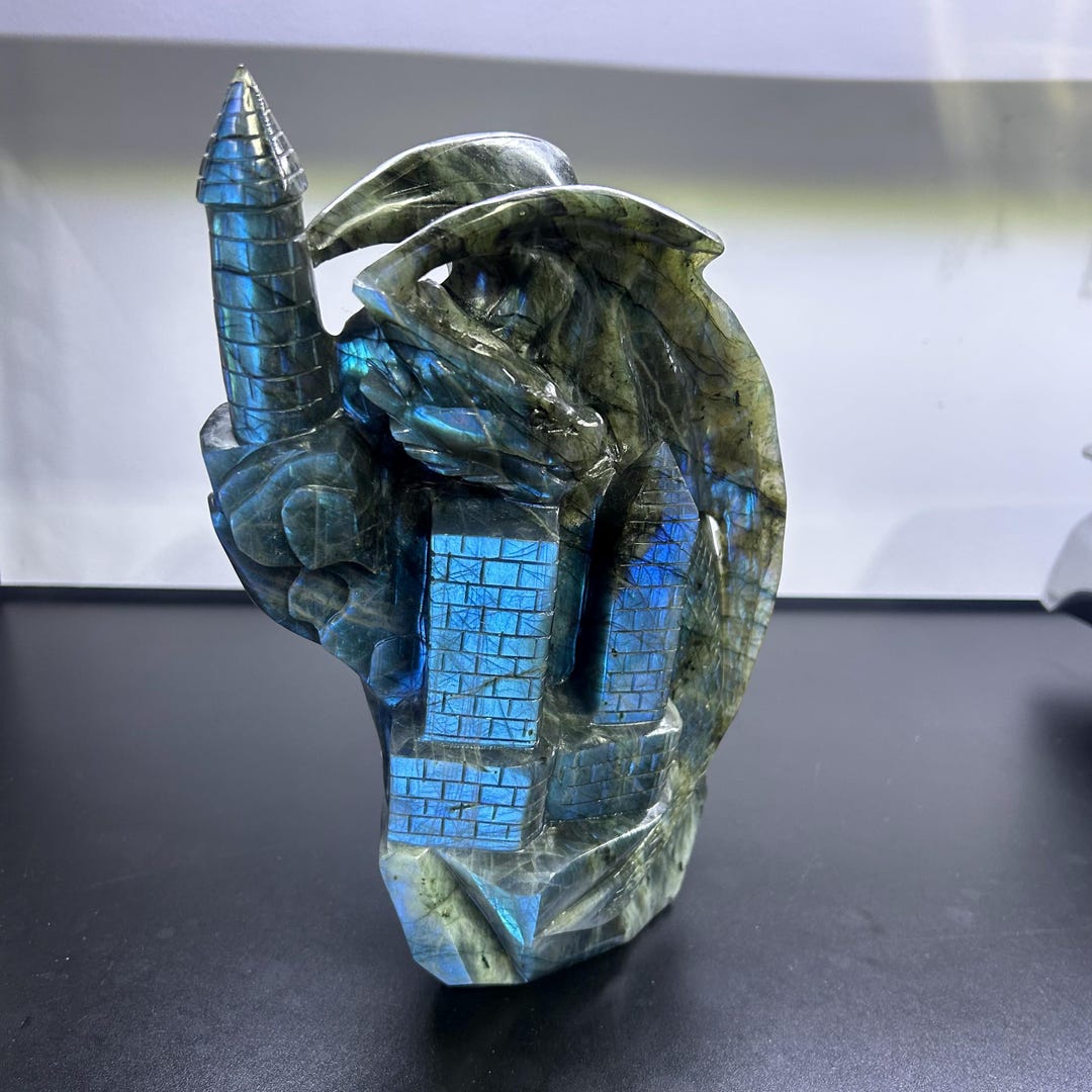 Natural Hand Carved Labradorite Dragon Figurine,crystal Dragon Castle ...