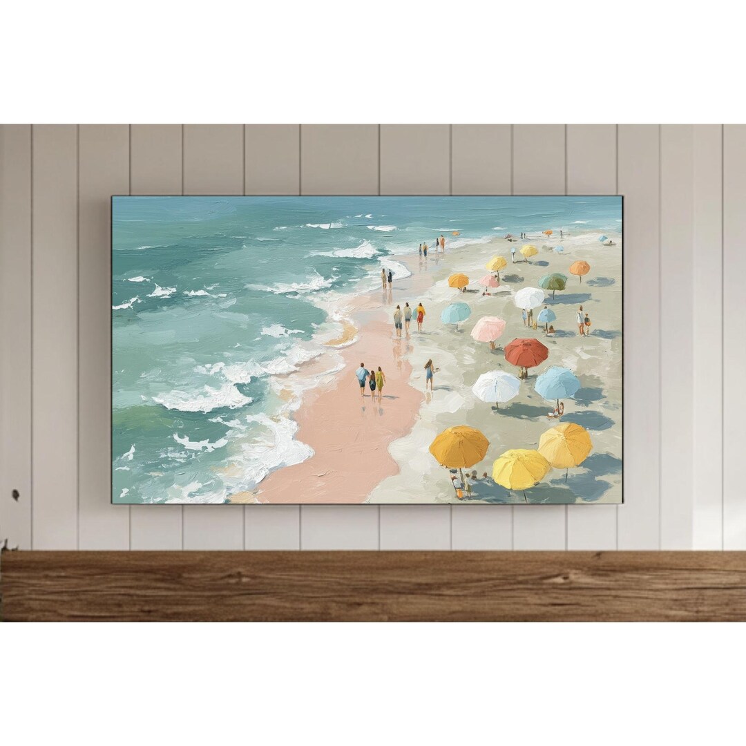 Summer Beach Frame TV Wall Art, Pastel Toned Umbrella Coastal Painting ...