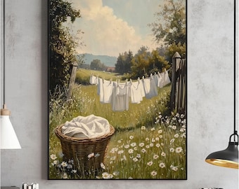 Vintage Laundry Day Print, Printable Country Landscape Painting ...