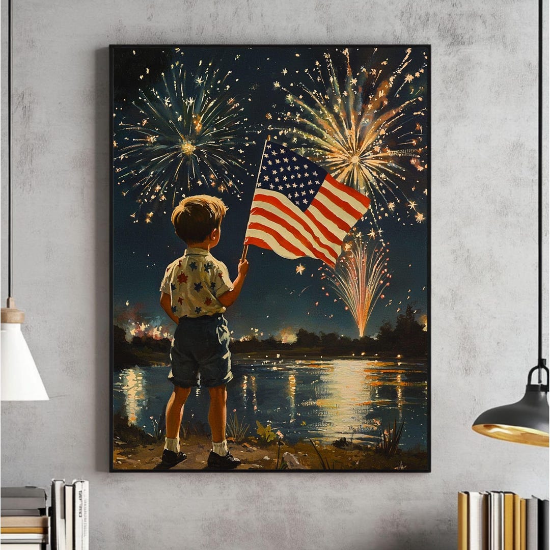 Vintage 4th of July Wall Art, Boy With American Flag and Fireworks ...