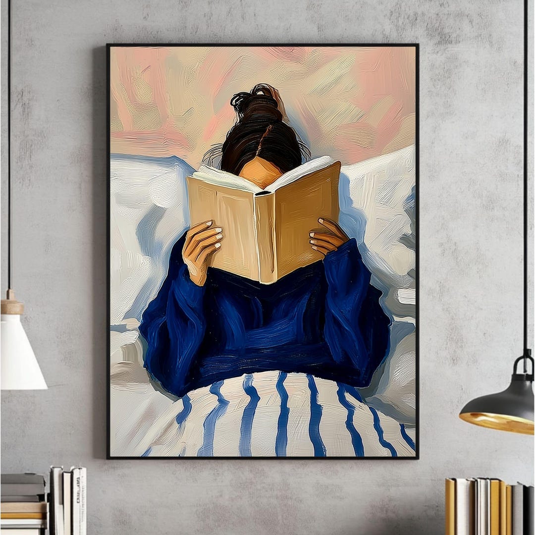 Woman Reading in Bed Wall Art, Book Lover Poster, Reading Nook Library ...