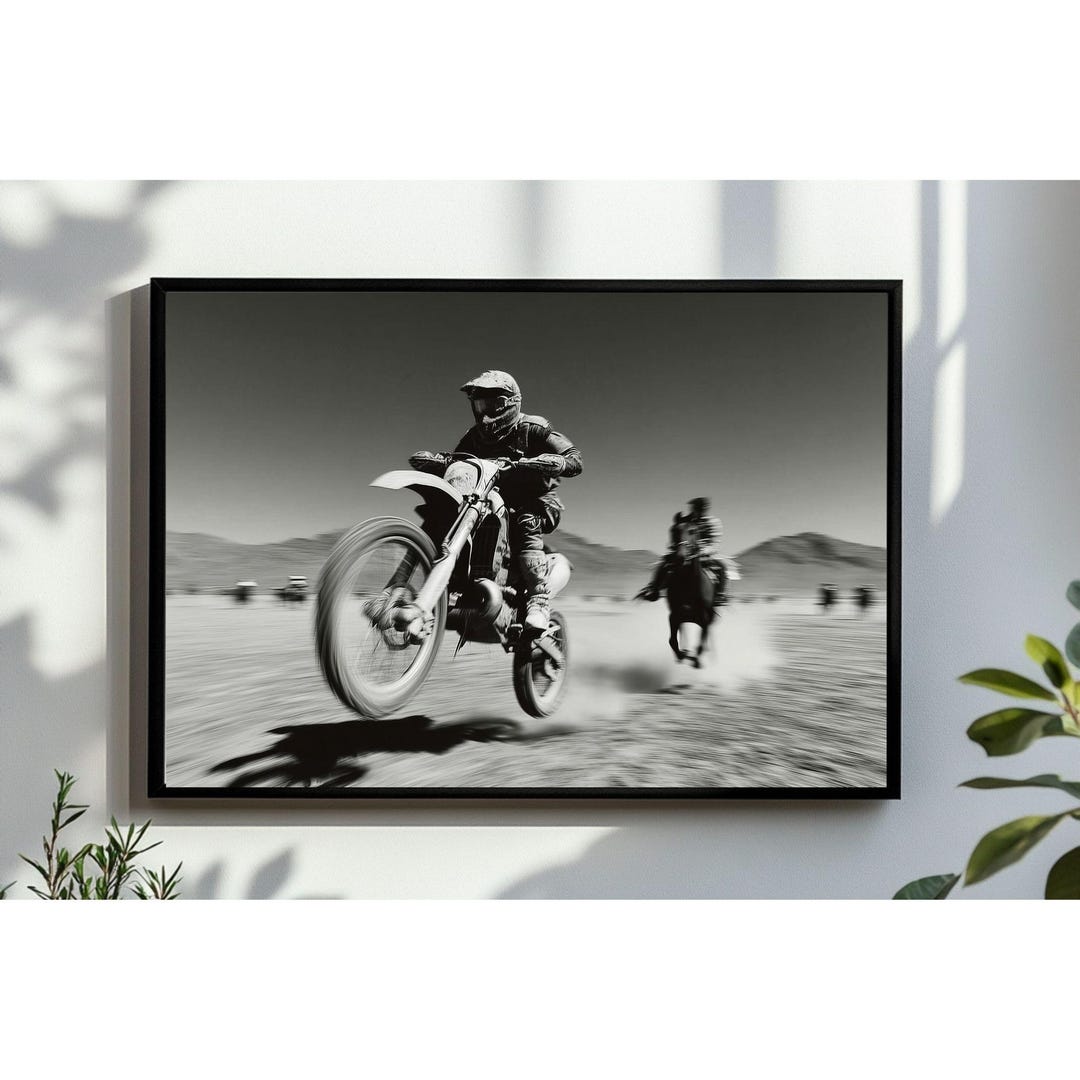 Black & White Motocross Horse Racing Wall Art, Western Desert Action ...