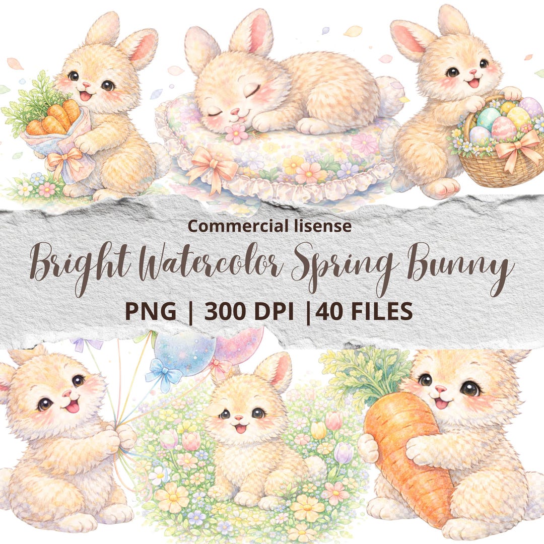 Watercolor Easter Bunny Clipart Bundle – Spring PNG Files (digital ...