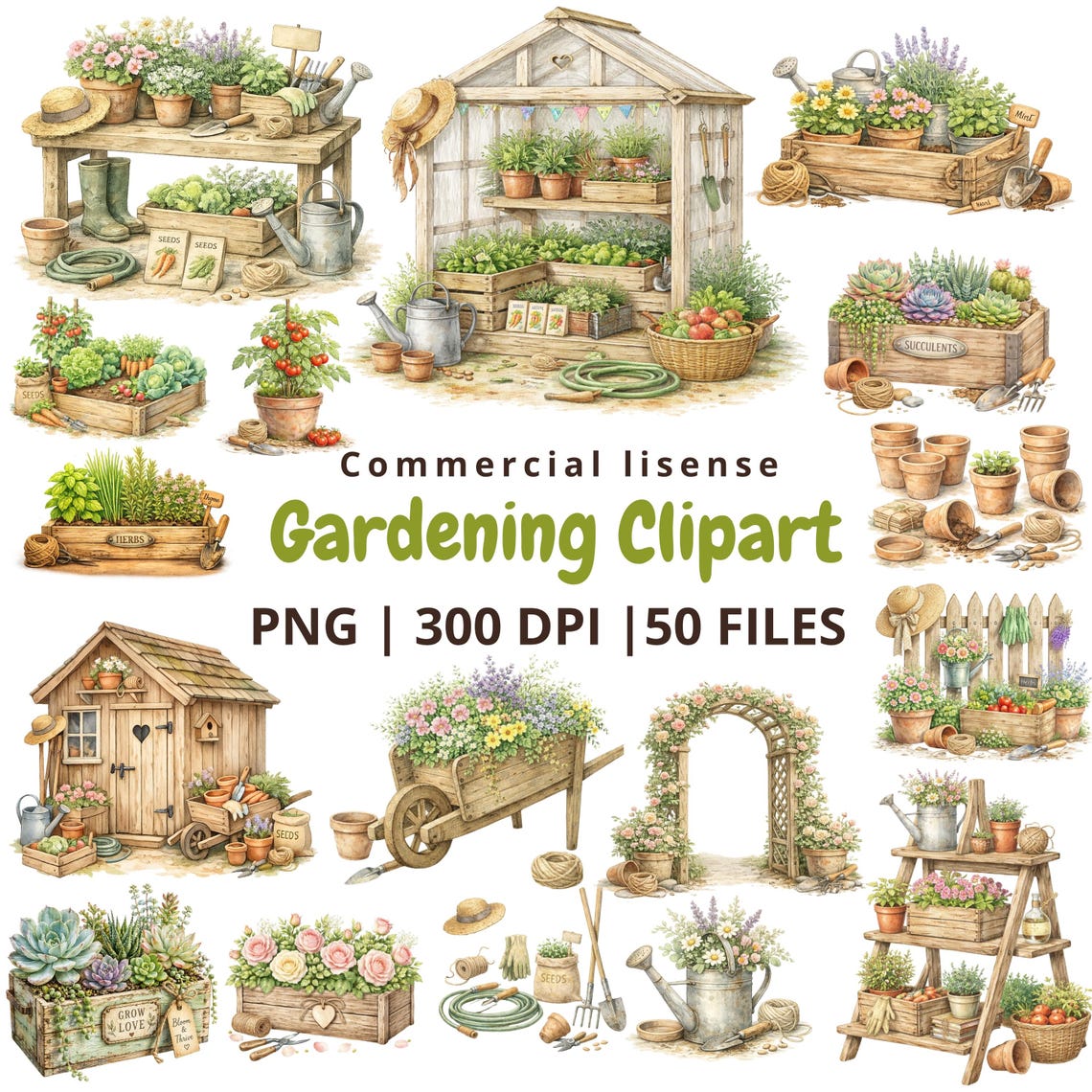 Watercolor Gardening Clipart PNG Bundle Rustic Garden Tools Plants ...