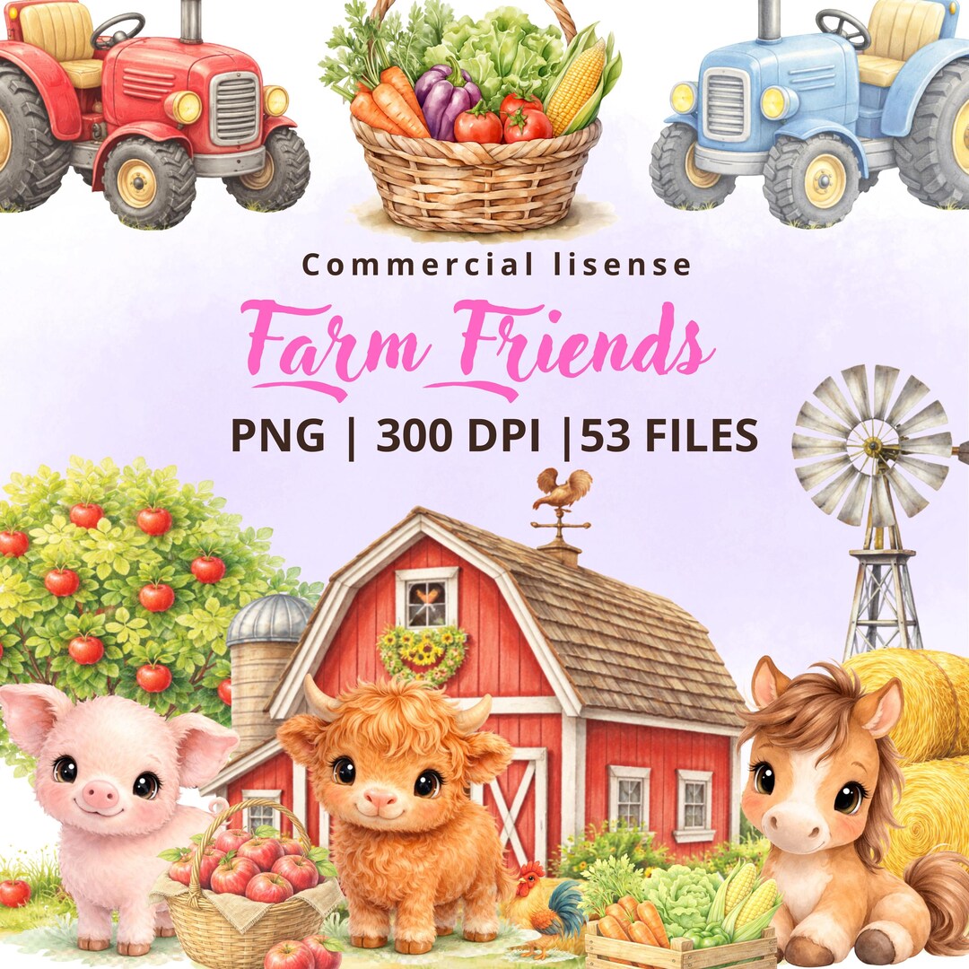 Farm Friends Clipart Bundle, Watercolor Animals, Barn, Tractor (digital ...