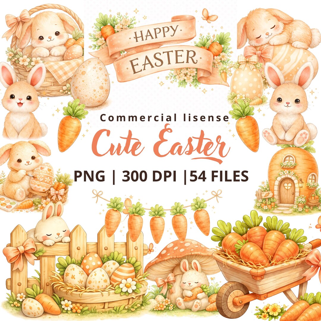 Watercolor Easter Clipart Bundle: Bunnies, Eggs, Carrots (digital ...