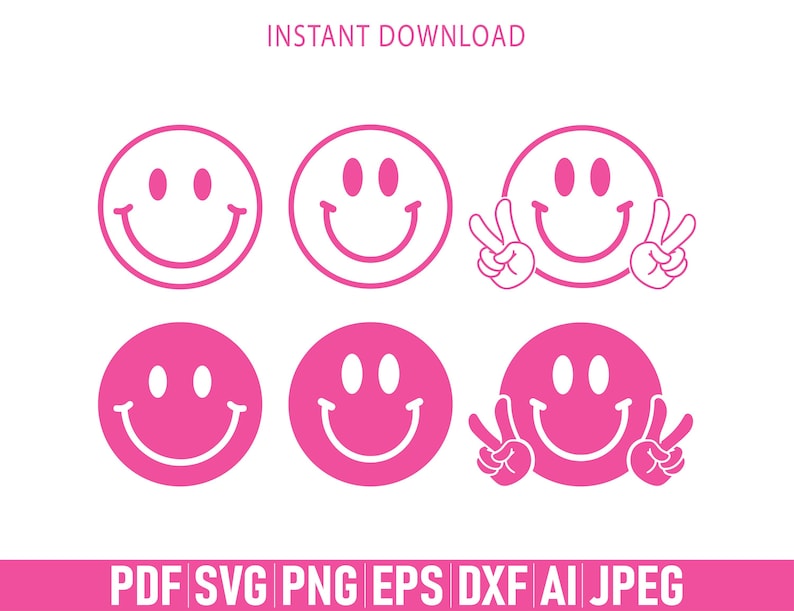 Smiley Face SVG Bundle: Groovy Happy Face, Peace Sign (digital Download ...