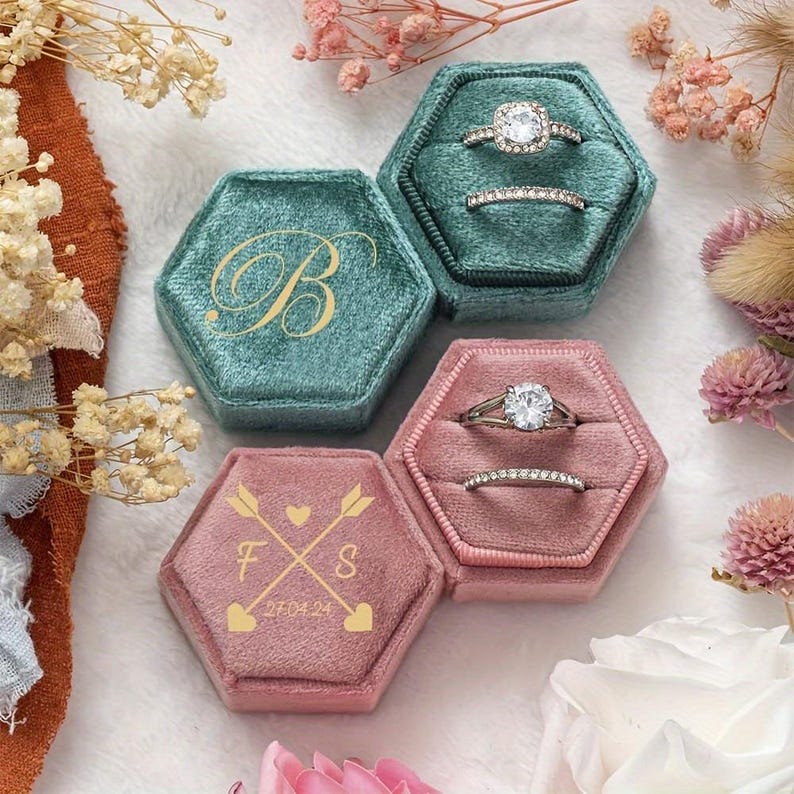 Personalized Triple Slot Velvet Ring Box, Octagon Wedding Ring Holder ...