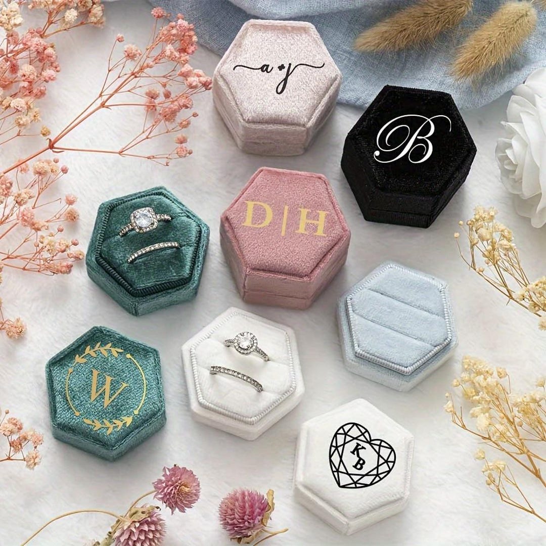 Personalized Triple Slot Velvet Ring Box, Octagon Wedding Ring Holder ...