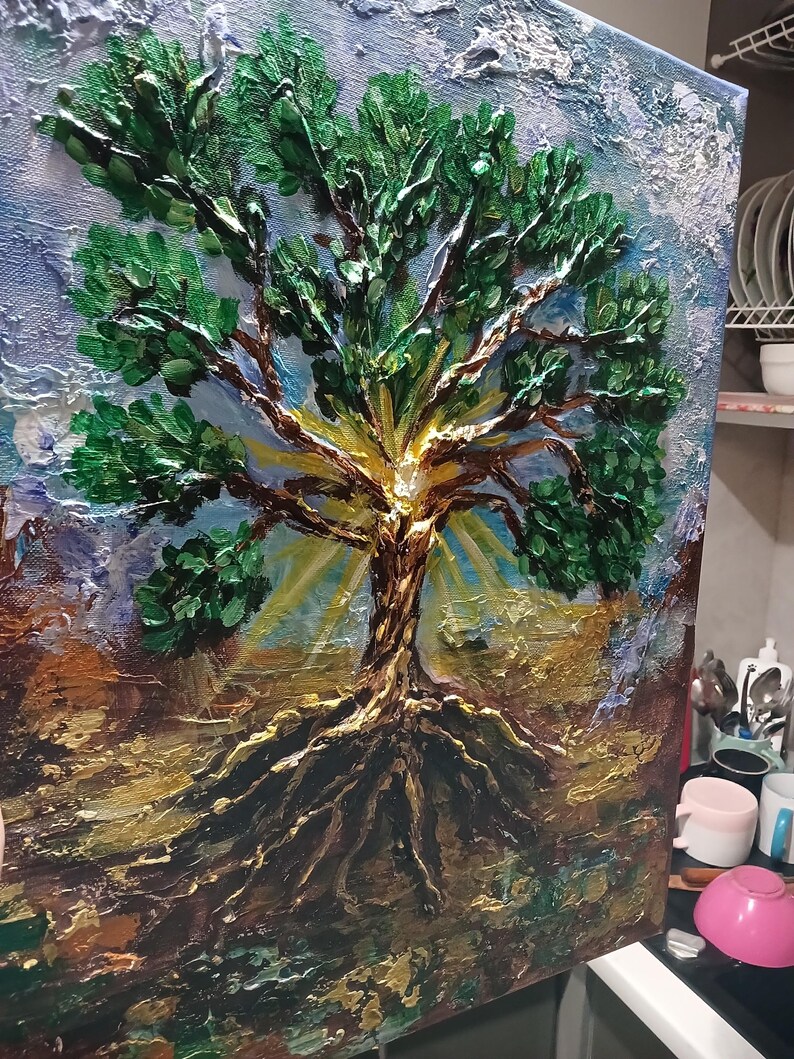 Tree Painting. Green Tree of Life. Hand-painted. Relief Original ...