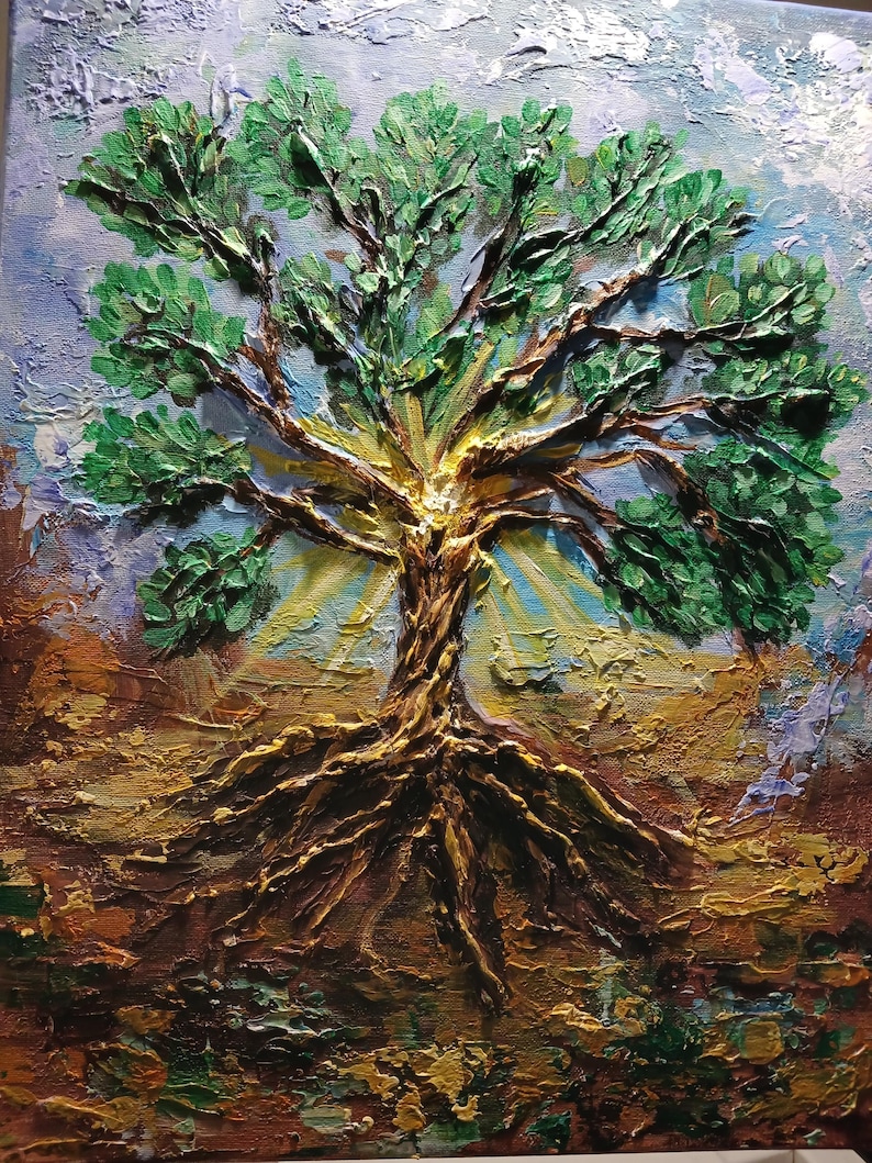 Tree Painting. Green Tree of Life. Hand-painted. Relief Original ...