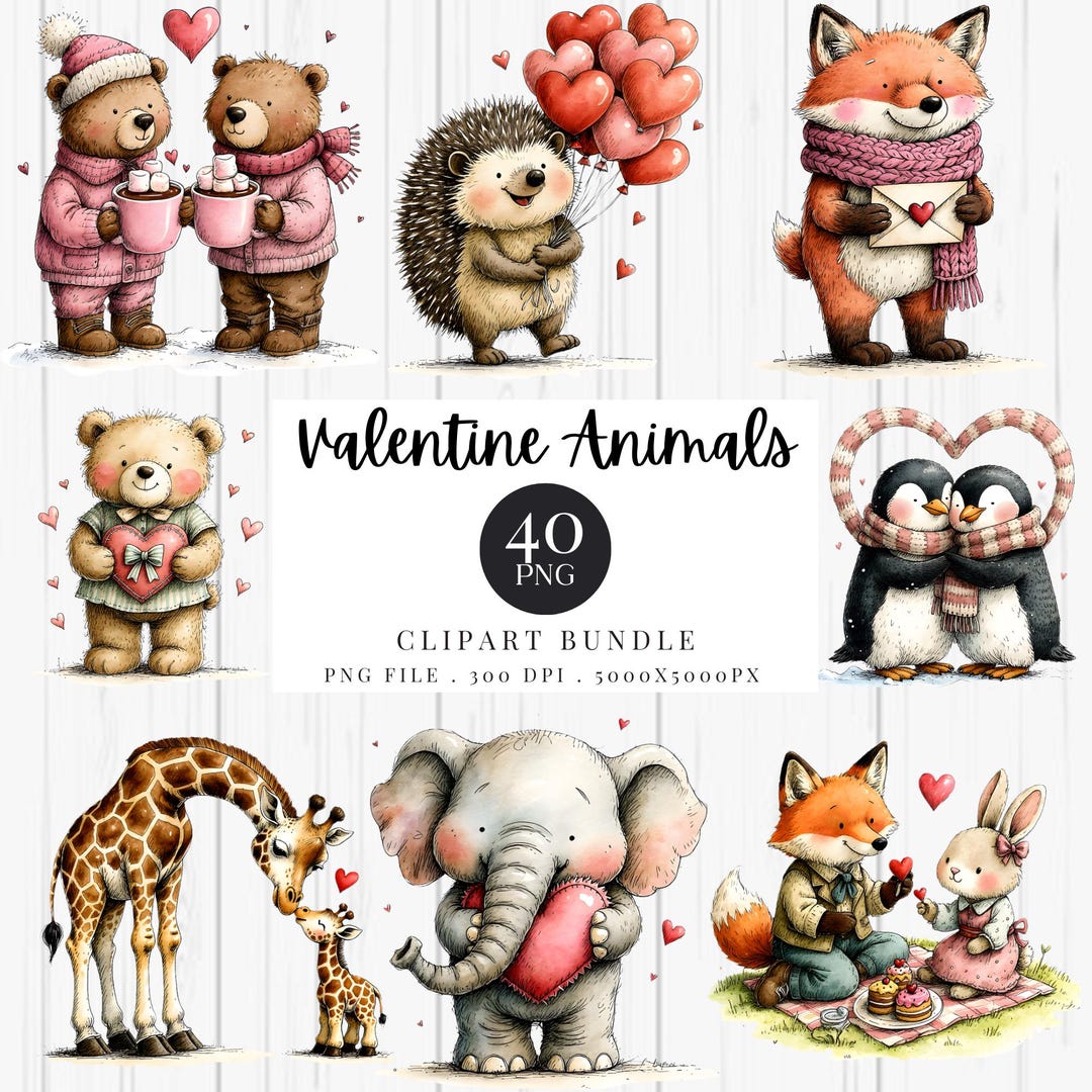 Valentine Animals Clipart Bundle 40 PNG Cute Watercolor Animals ...