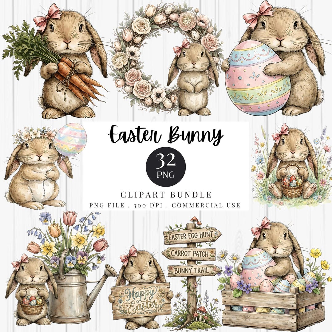 Easter Bunny Whimsical Clipart PNG Bundle, Easter Bunny Graphics, Cute ...
