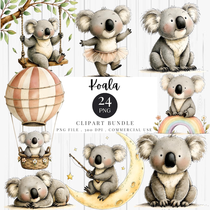 Koala Clipart Bundle 24 PNG, Cute Baby Koala Animals, Nursery Art ...