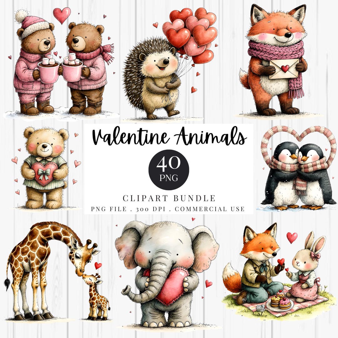 Valentine Animals Clipart Bundle PNG Cute Watercolor Animals Commercial ...