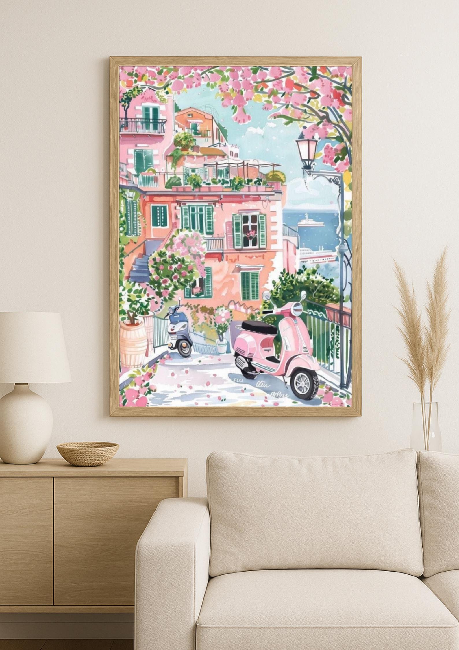 Italian Coastal Town Digital Print – Pink Vespa & Floral Street Art ...