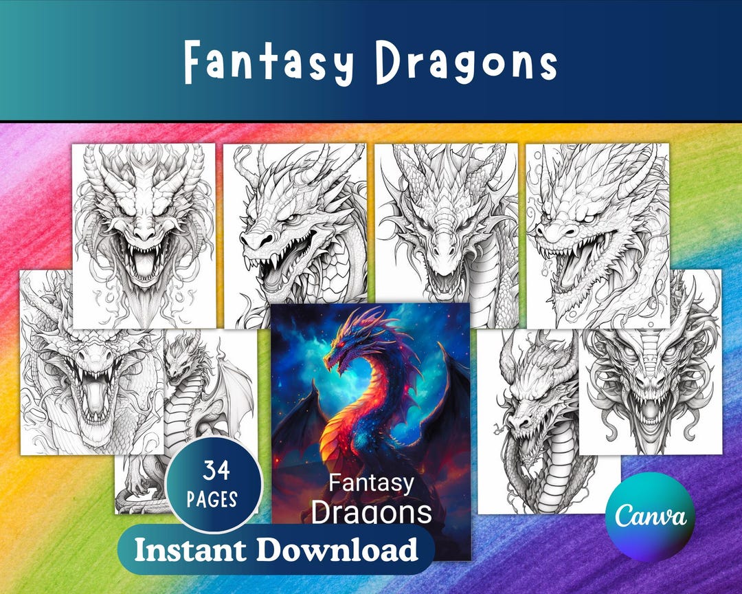 Fantasy Dragons Coloring Pages: Editable Kids Printable (instant ...