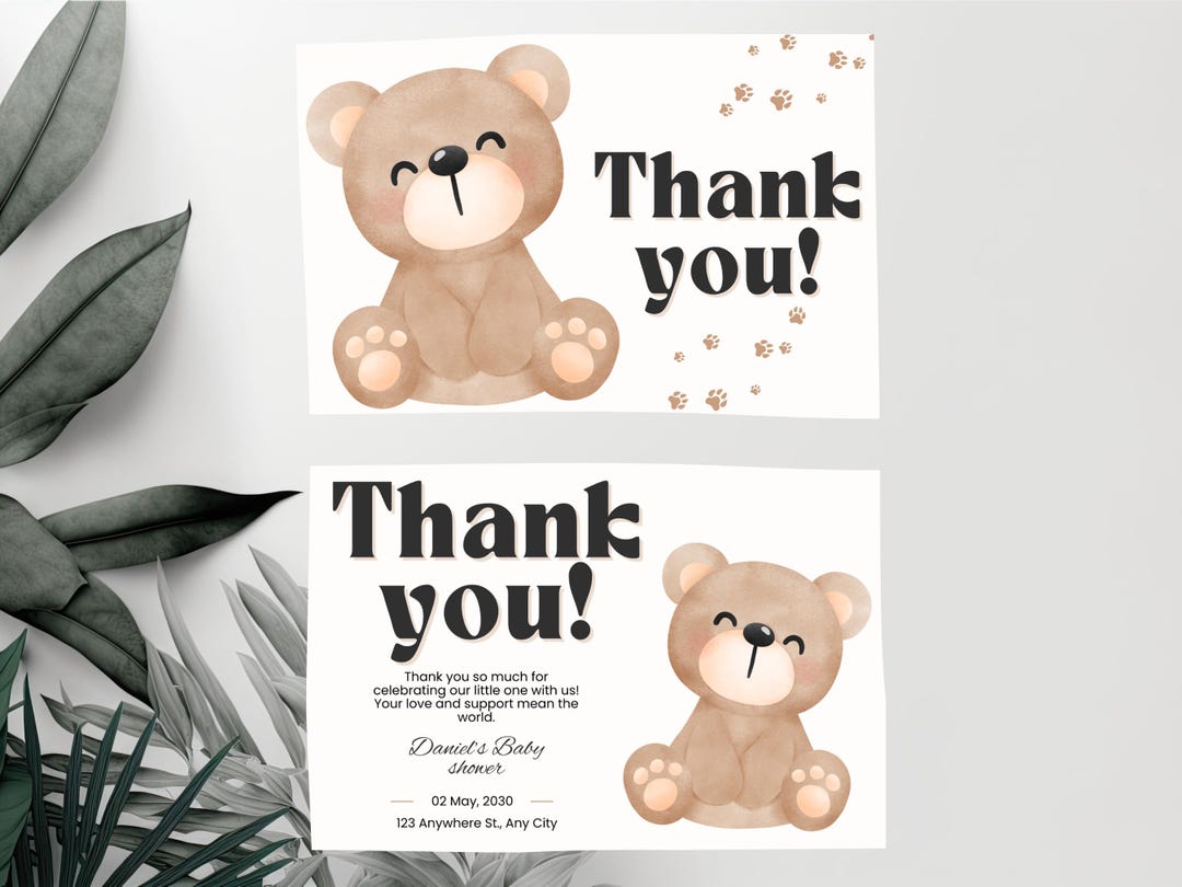 Cute Bear Thank You Card | Gender Neutral Printable (PDF & Canva) - Etsy