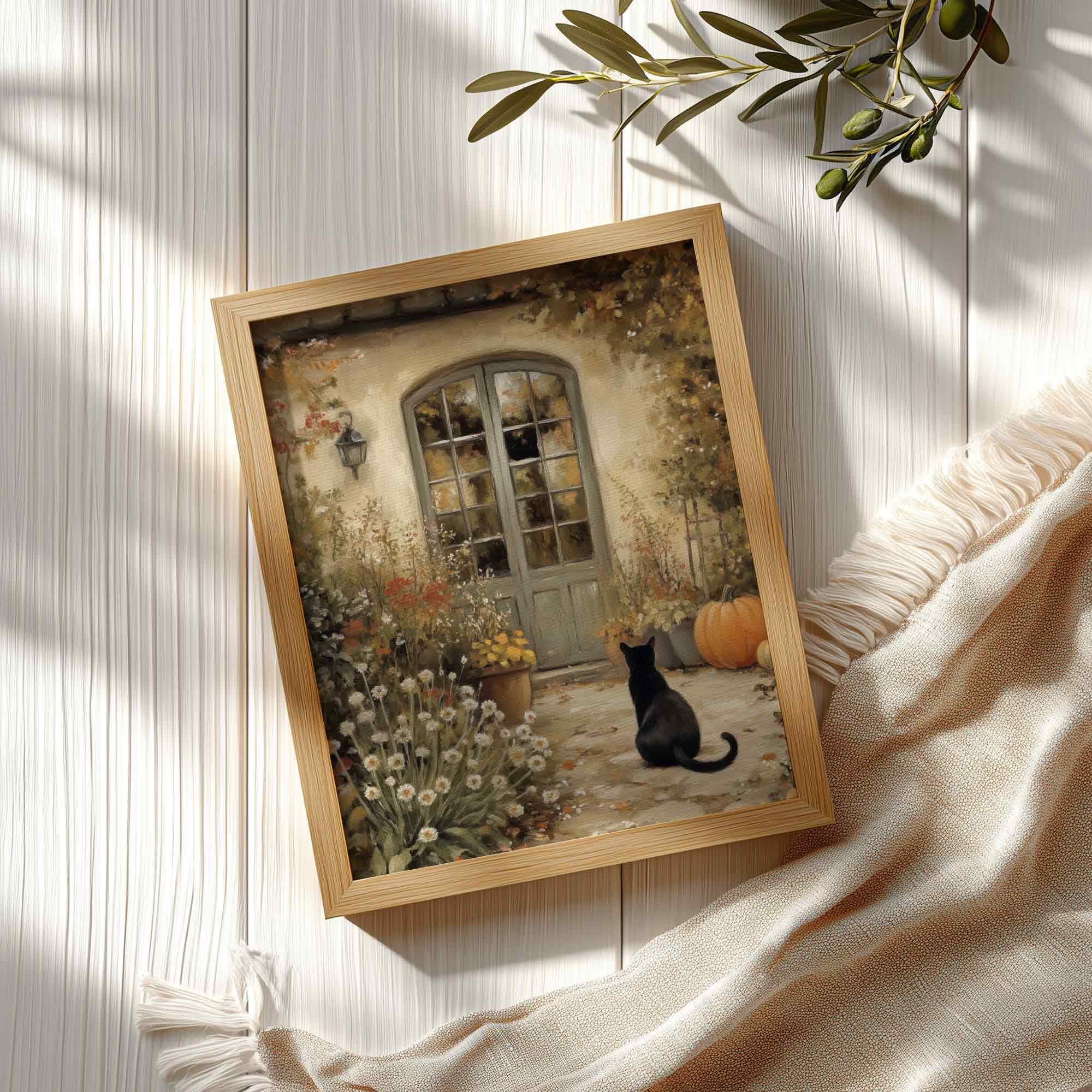 Black Cat Cottage Farmhouse Print, Black Cat & Pumpkins, Spooky Vintage ...