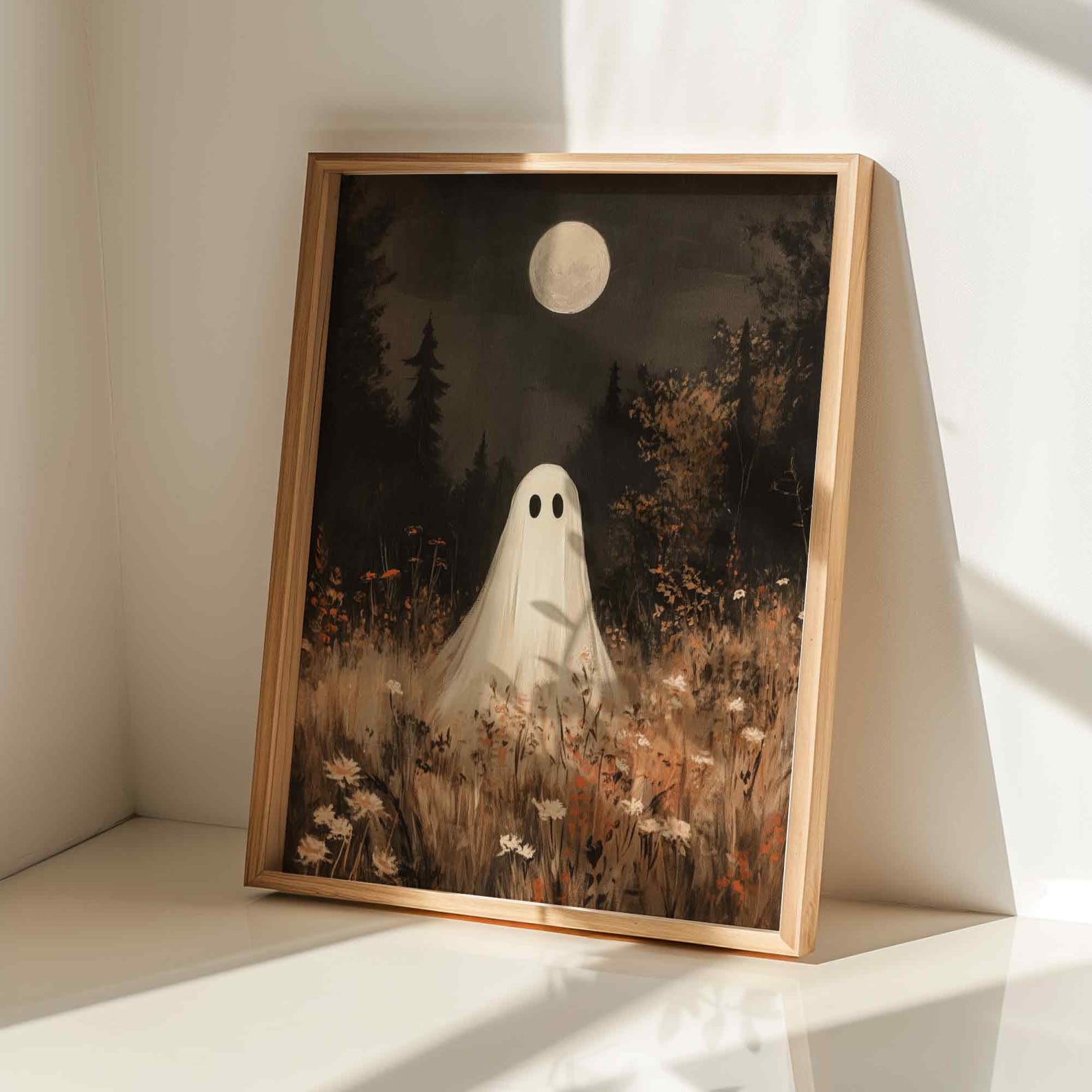 Halloween Ghost Enchanted Forest Print, Spooky Ghost Wildflower Field ...