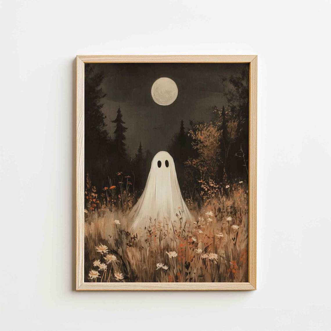 Halloween Ghost Enchanted Forest Print, Spooky Ghost Wildflower Field ...
