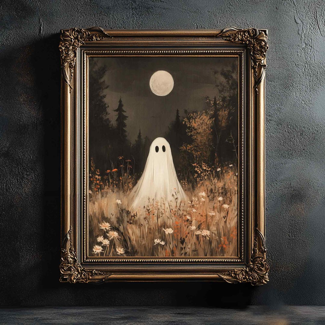 Halloween Ghost Enchanted Forest Print, Spooky Ghost Wildflower Field ...