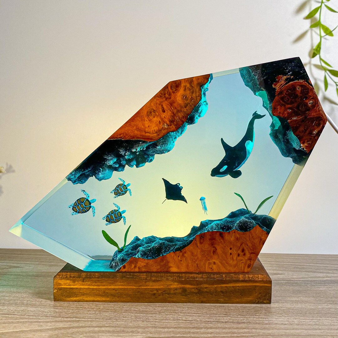 Orca Whale Resin Lamp – Handmade LED Ocean Art Light With Sea Turtles ...