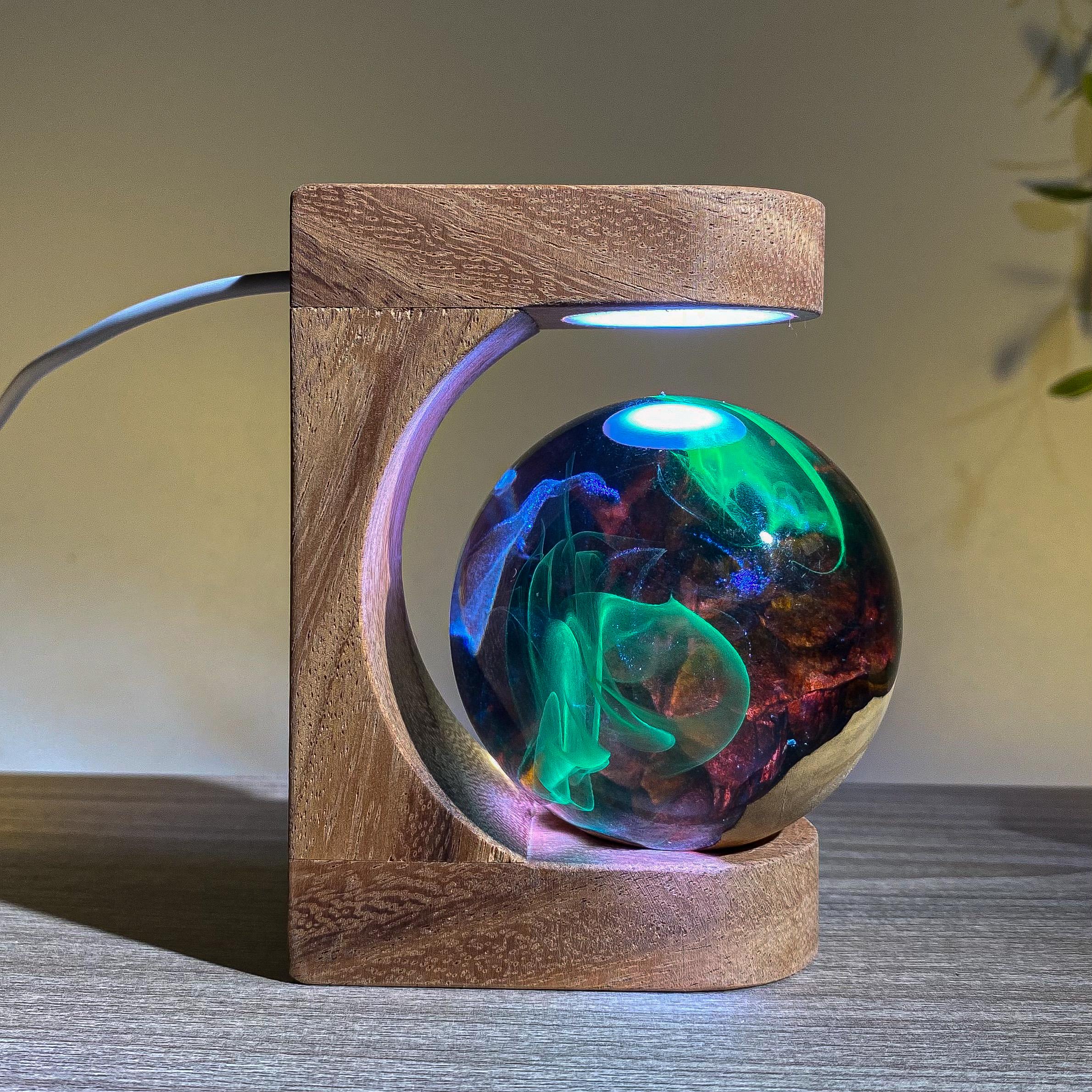 Lava Flow Resin Globe Lamp – LED Molten Core Light in Wooden Moon Stand ...